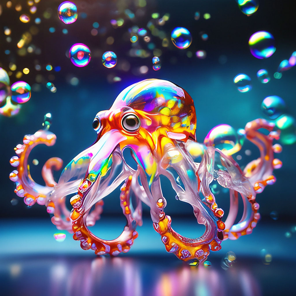 "Transparent glass octopus filled with soap bubbles, iridescence of ...