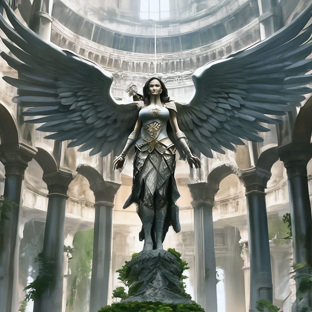 "A tall marble sculpture of a beautiful winged warrior goddess stands ...
