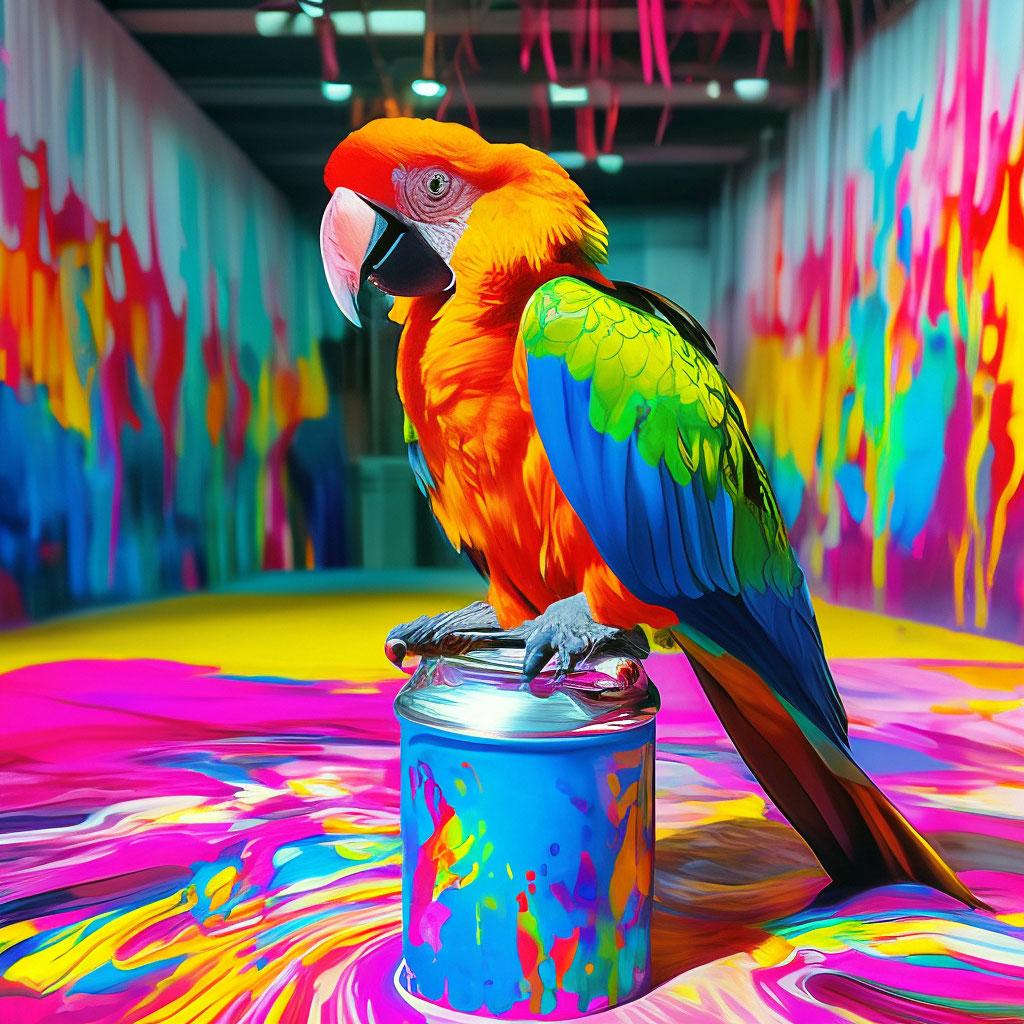 "A painted parrot sits on a can of paint,a parrot in a huge hall,a ...