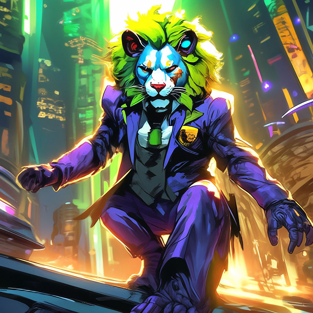 "A lion in a Joker costume)) Visible completely with legs" — image ...