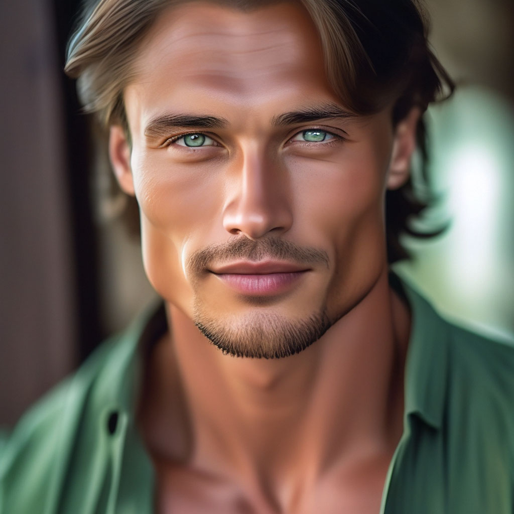 "Handsome man, tanned, Russian. high quality portrait. brown hair, green eyes, strong-willed ...