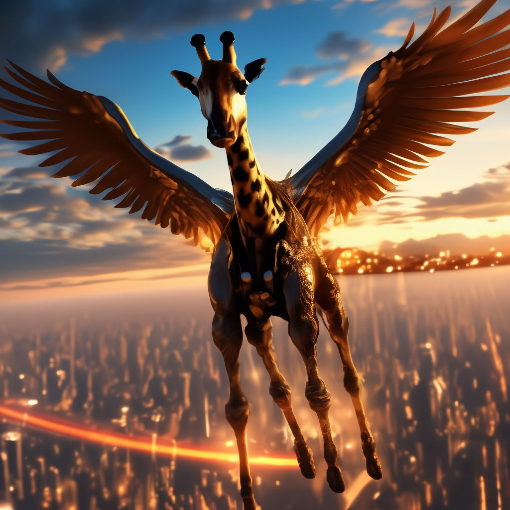 "Giraffes with wings fly across the sky to the south" — image created ...