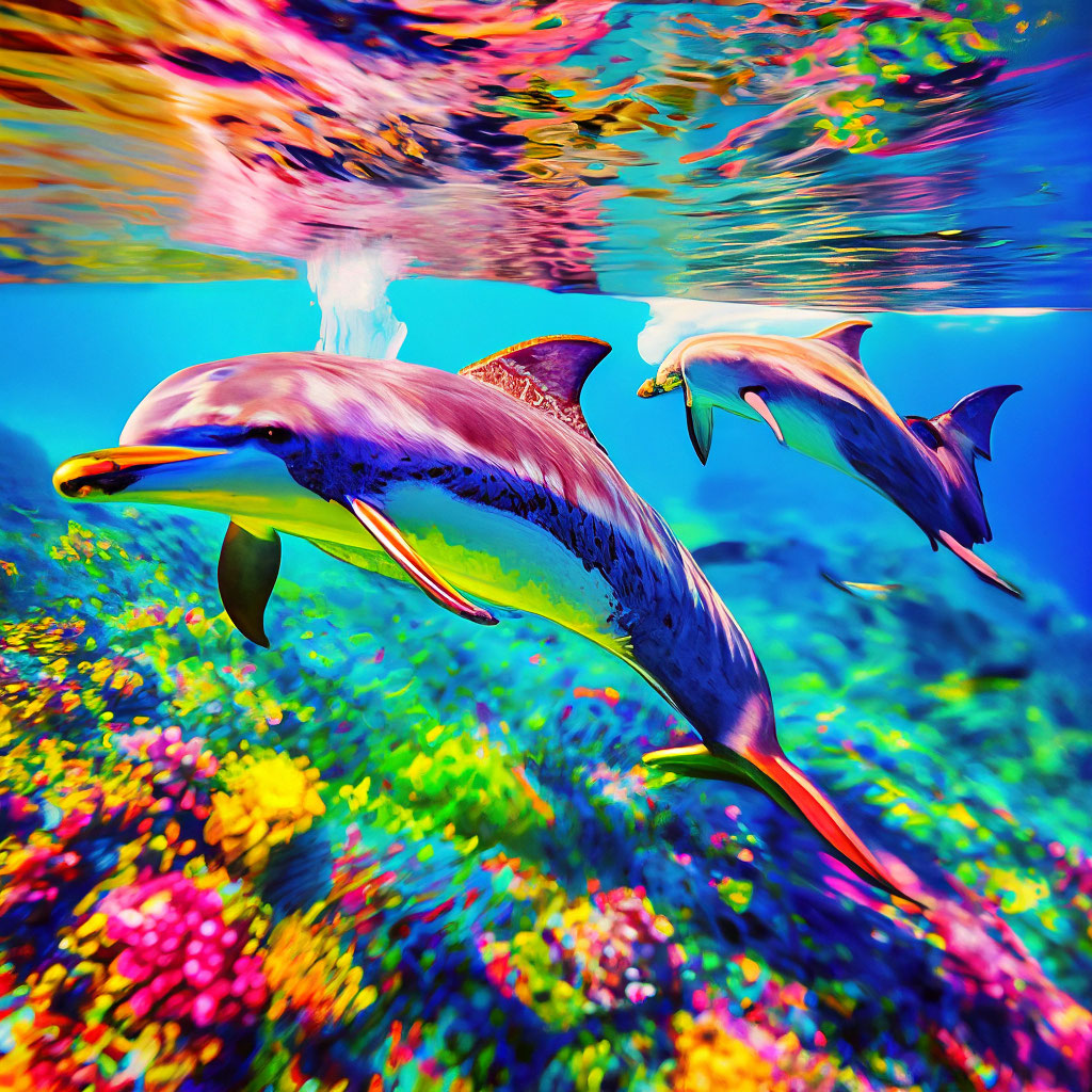 "Colored dolphins in the ocean" — image created in Shedevrum
