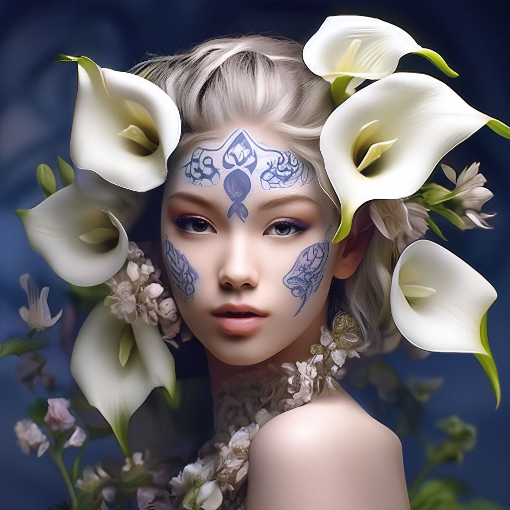 "Beautiful calla flower girl, surrealism, filigree patterns ...