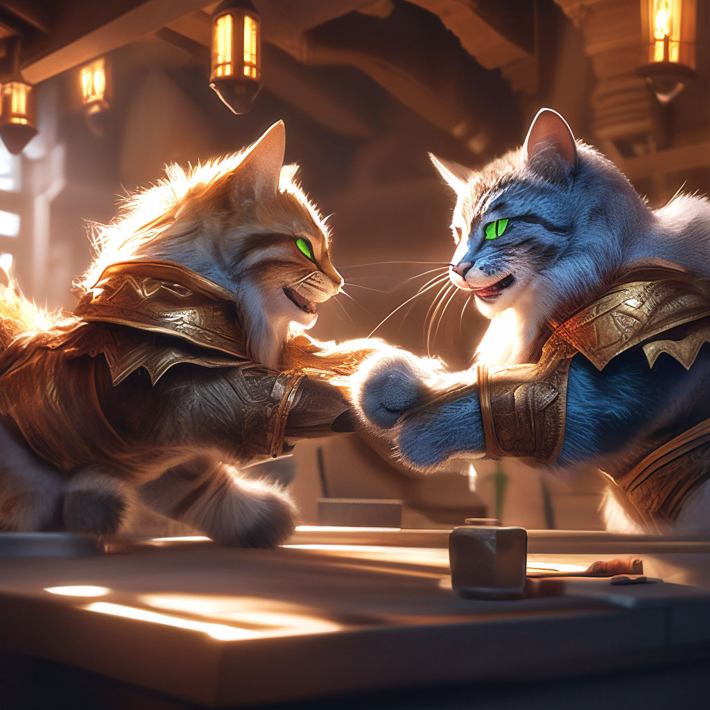 "Cats are fighting in a tavern. In the style of World of Warcraft ...