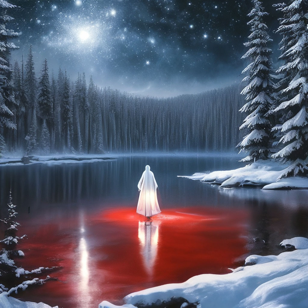"Red lake in the middle of a snow-covered spruce winter forest on a ...