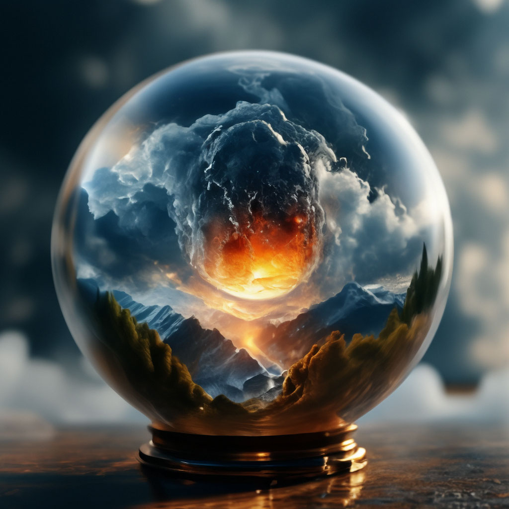 "Hyperrealism, crystal, the ball inside consists of clouds, steam ...