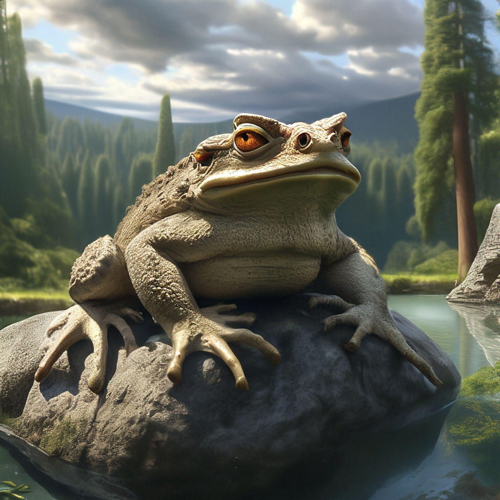 "A giant demonic toad has settled on a rock. A giant toad rises above ...