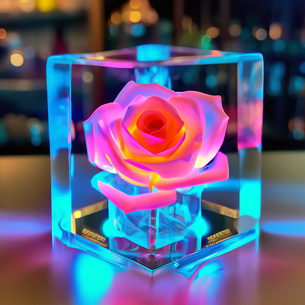 "An epic crystal cube with a neon rose inside." — image created in ...