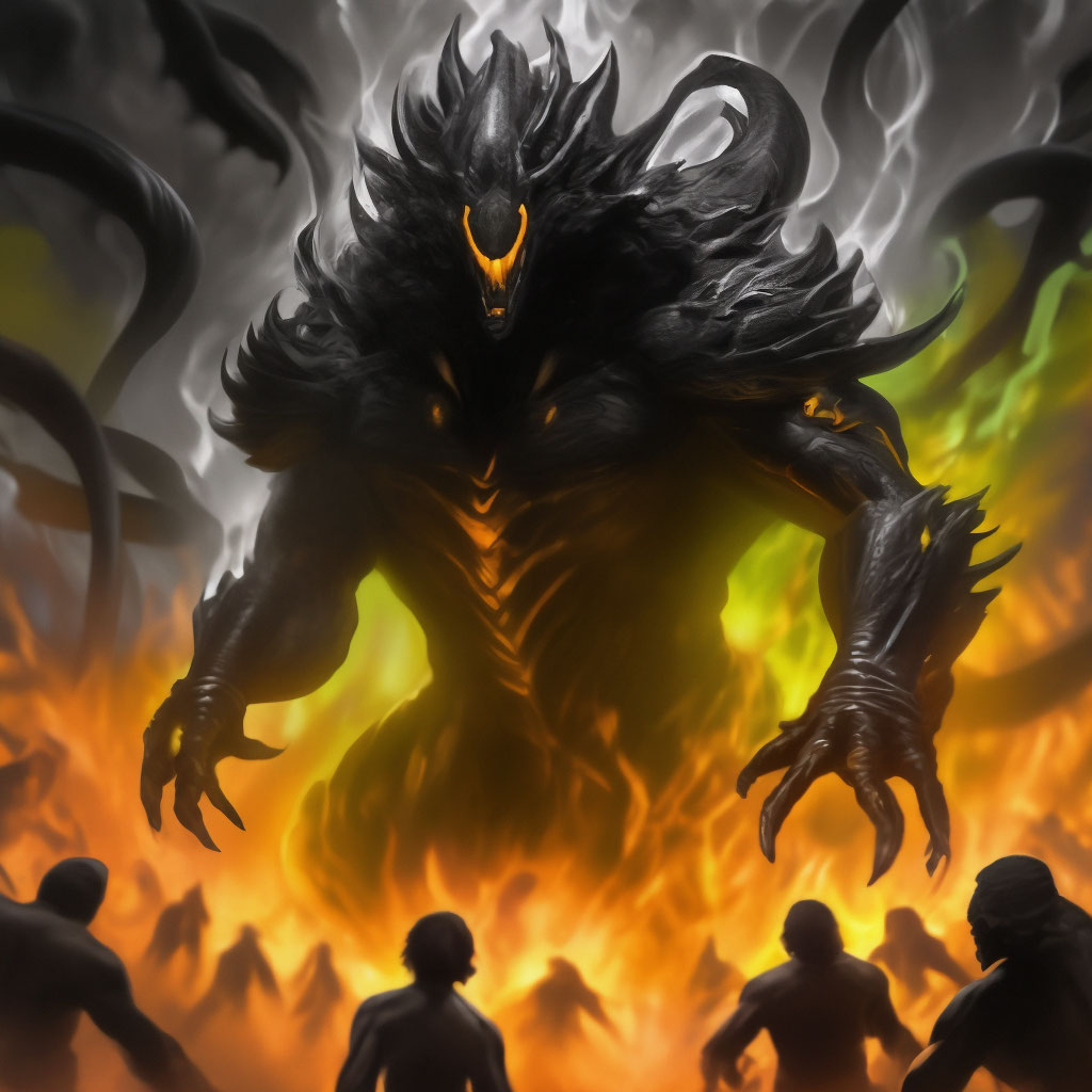 "Assimilation of humanity by creatures from the abyss, black and white ...