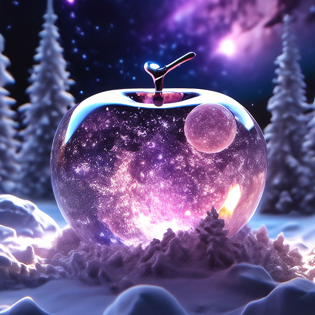 "Epic beautiful crystal apple with a glowing galaxy inside, planets ...