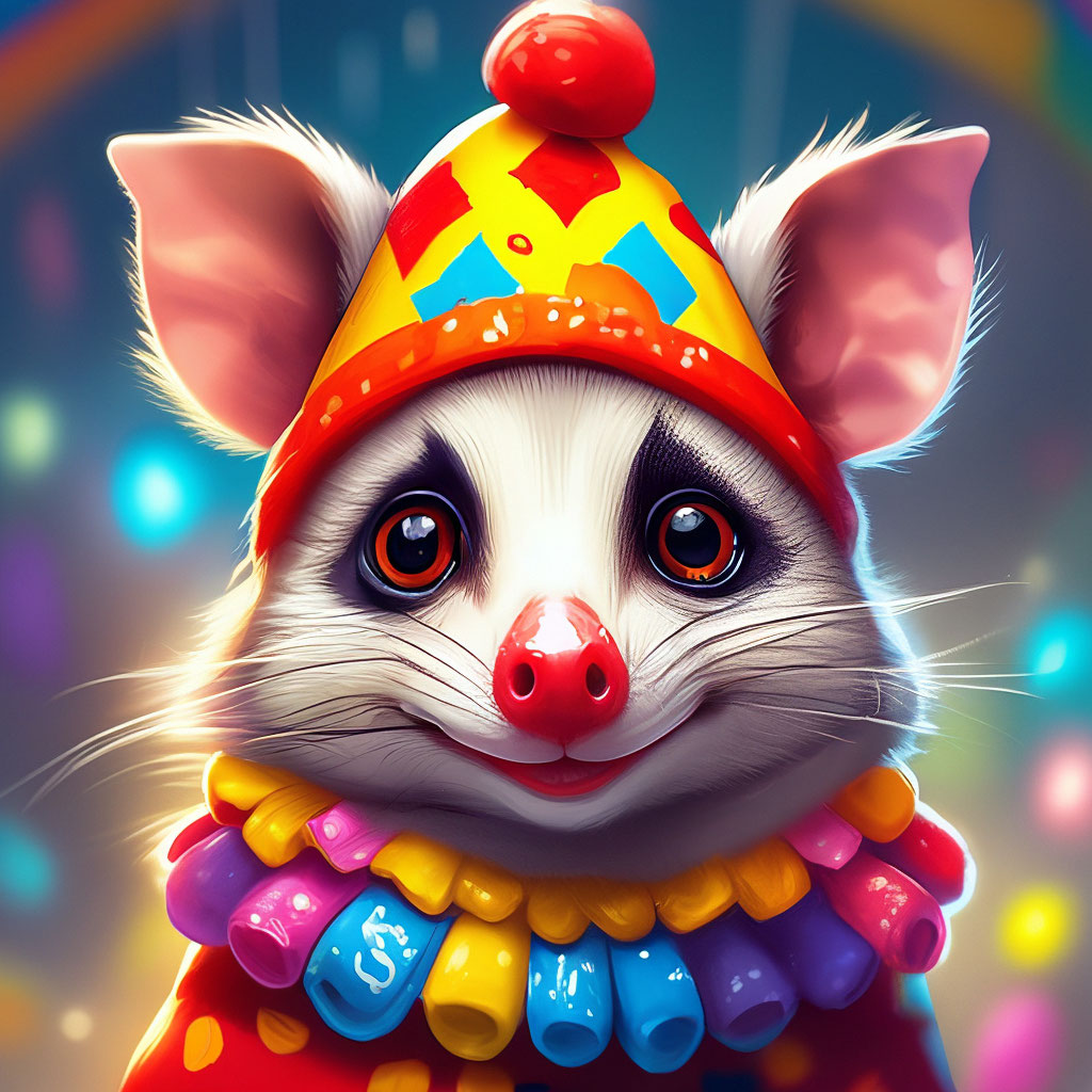 "Cute, possum, in a bright clown costume, clown makeup, in a beanie ...