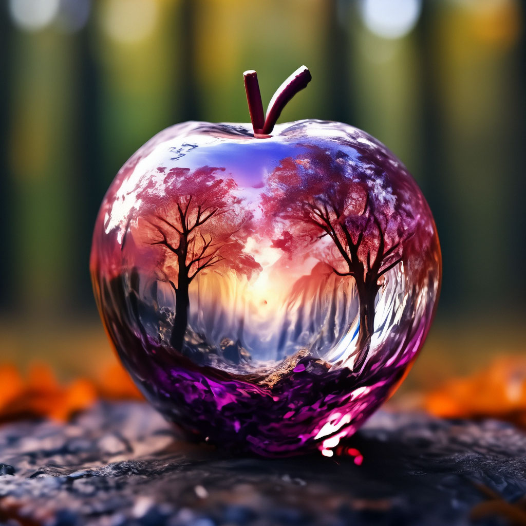 "An epic crystal apple with a very beautiful autumn forest glowing ...