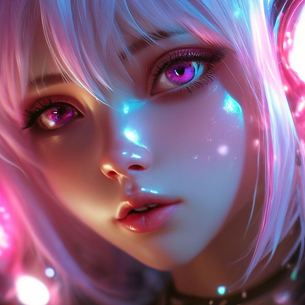 "Anime white girl with holographic skin color, space is reflected in ...