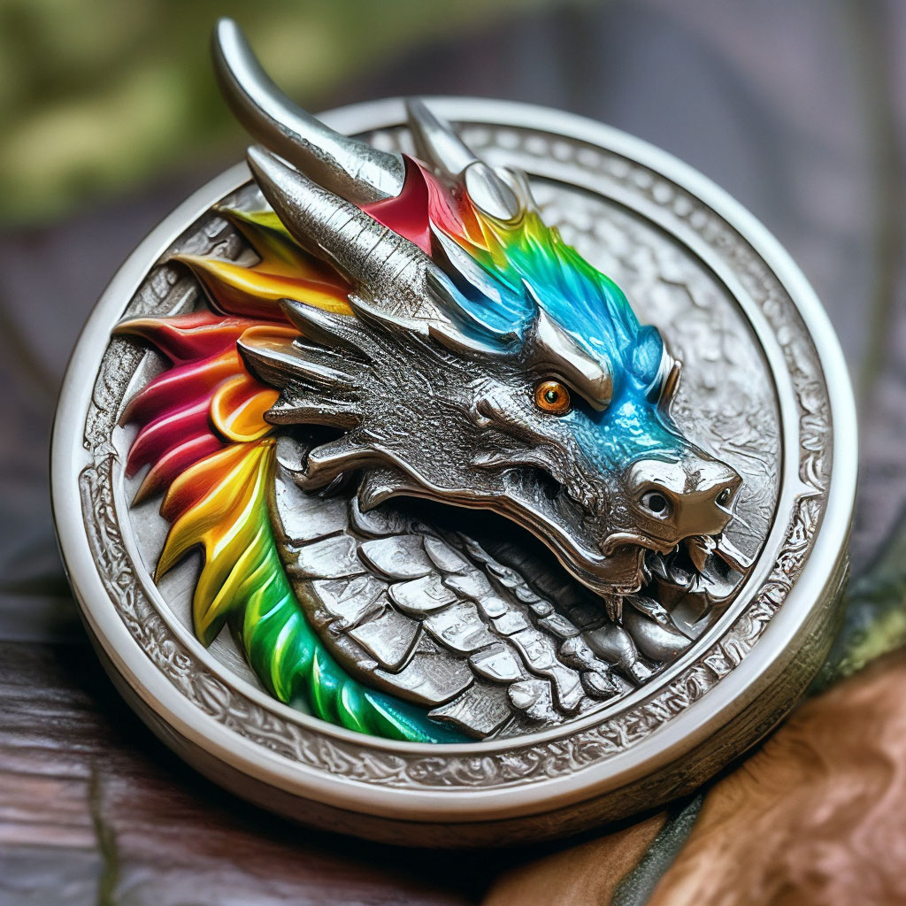 "Silver coin depicting a rainbow dragon, high-quality detailing, 34k ...
