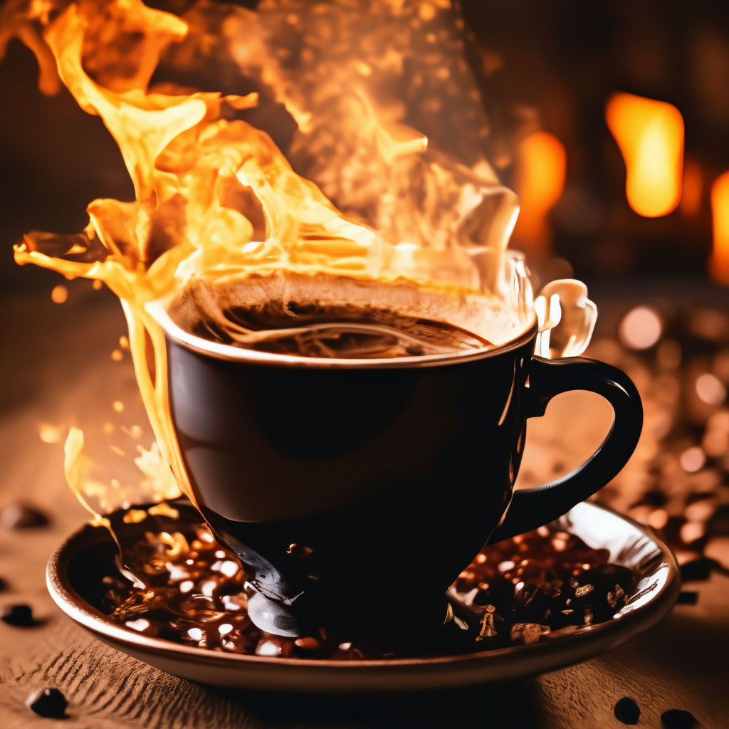 "A cup of black coffee. and a cup of fire. They are dancing around. The ...