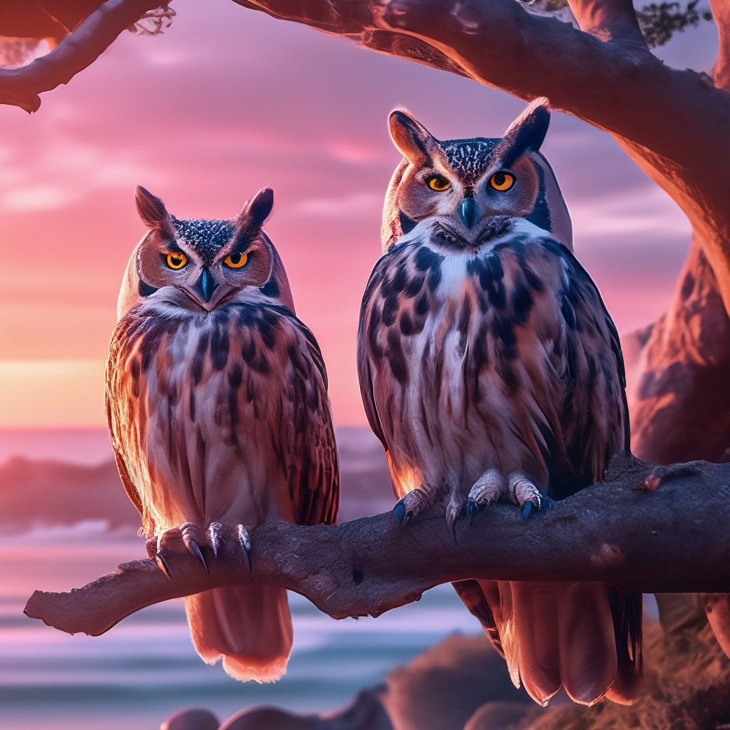 "A pair of owls sitting on a branch of a huge tree, on a pink evening ...