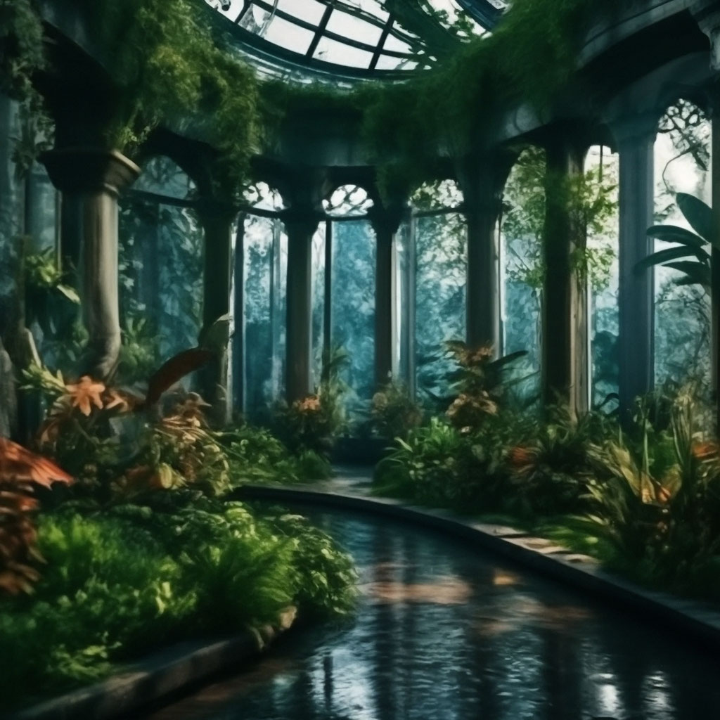 "Cursed botanical garden, horror, dark lighting, strange and scary ...