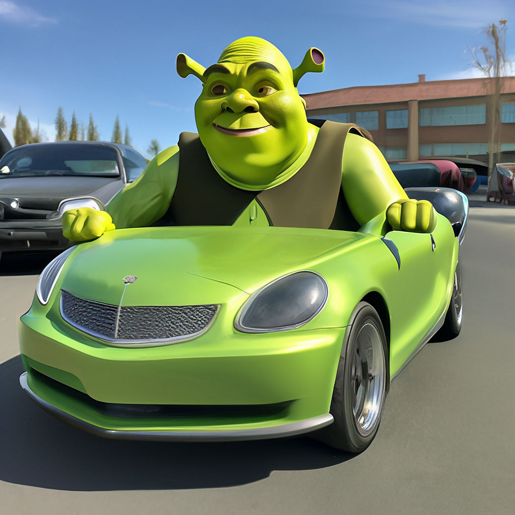 "Shrek bought himself a car" — image created in Shedevrum