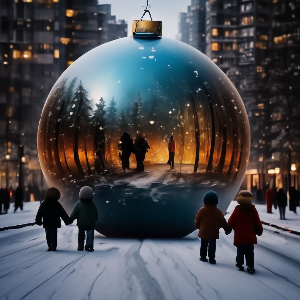 " a huge Christmas tree ball on the street with children, children ...