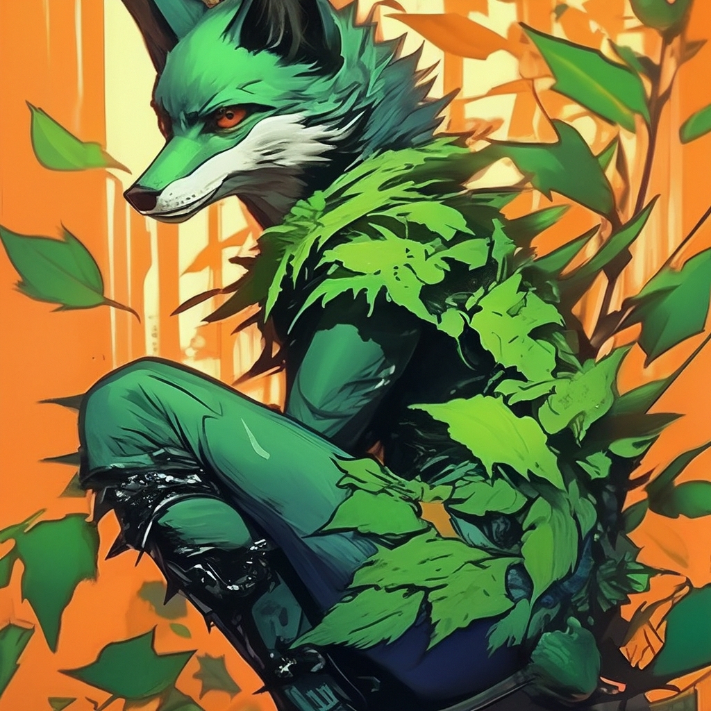 "Anthropomorphic fox, sitting and painting green leaves in orange ...