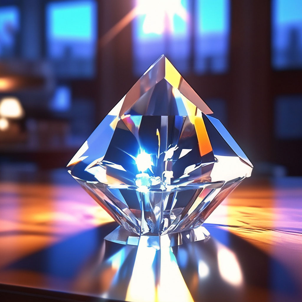 "Crystal, super realistic, shining, on the table, any background ...