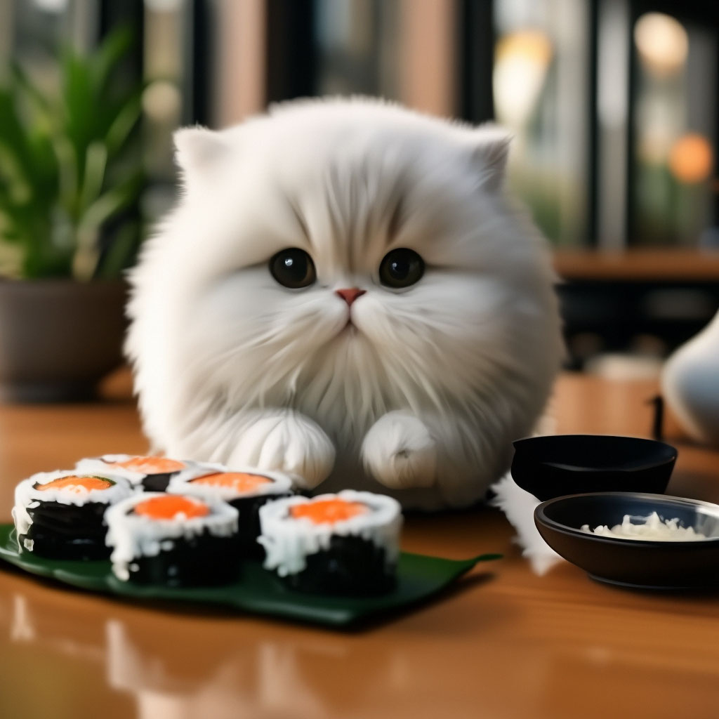 "A fluffy ball in a restaurant eats sushi with salmon and drinks water ...