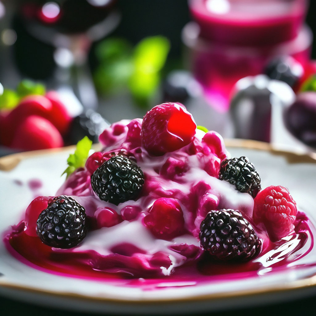"Dish bubbly foam mountain of juicy berries and beets on a plate ...