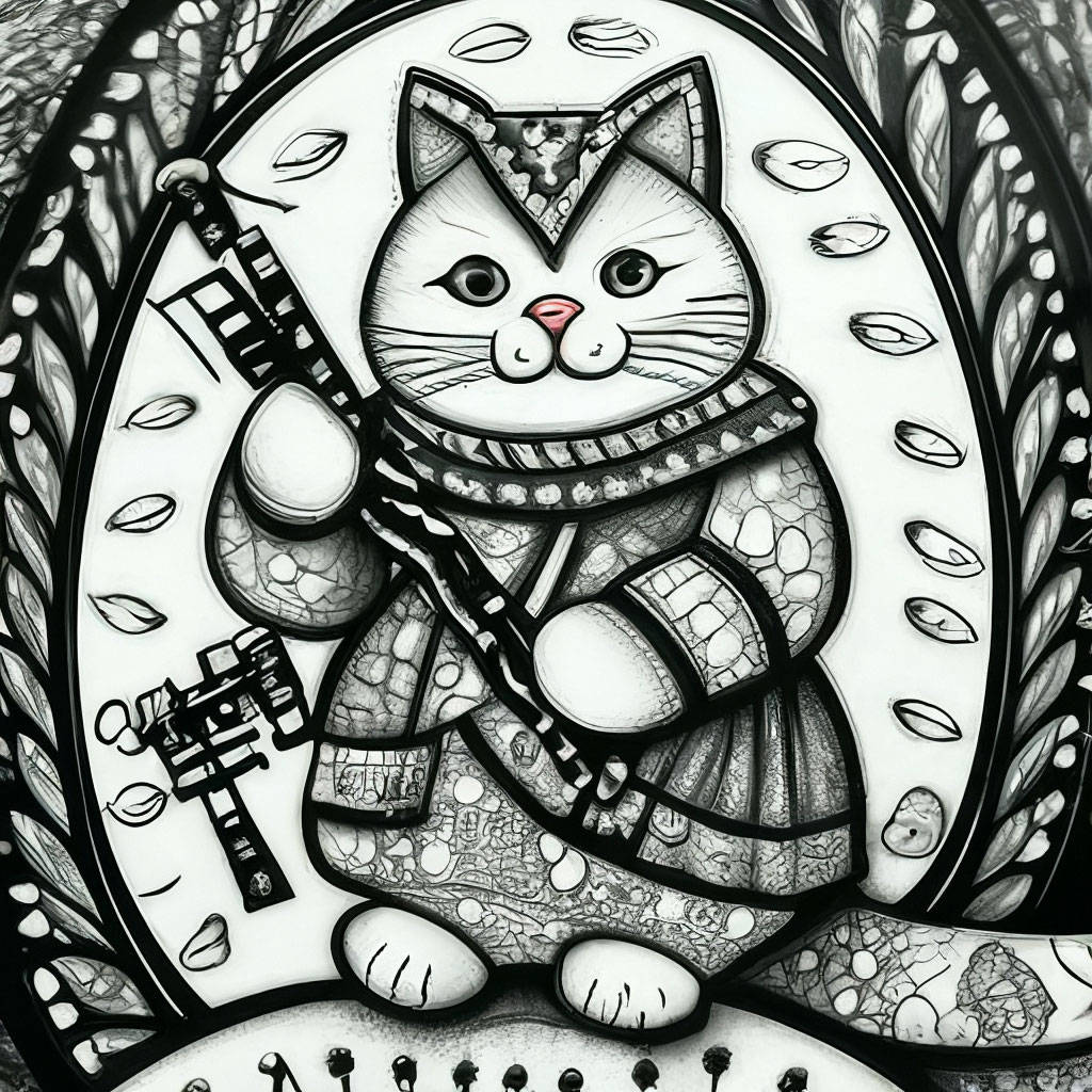 "The cat plays the bagpipes. close-up linear drawing on a white ...