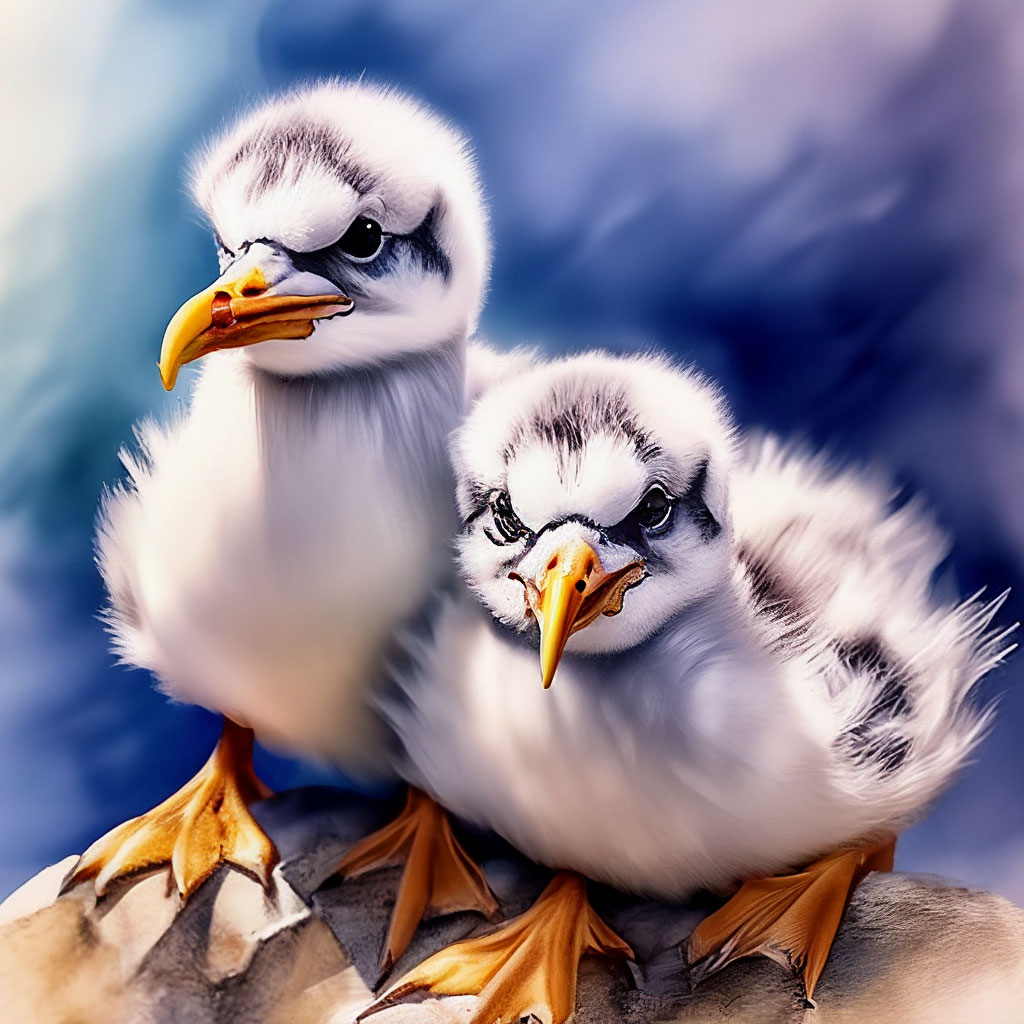 "2 newly hatched fluffy seagull chicks, detailed, watercolor, beautiful ...