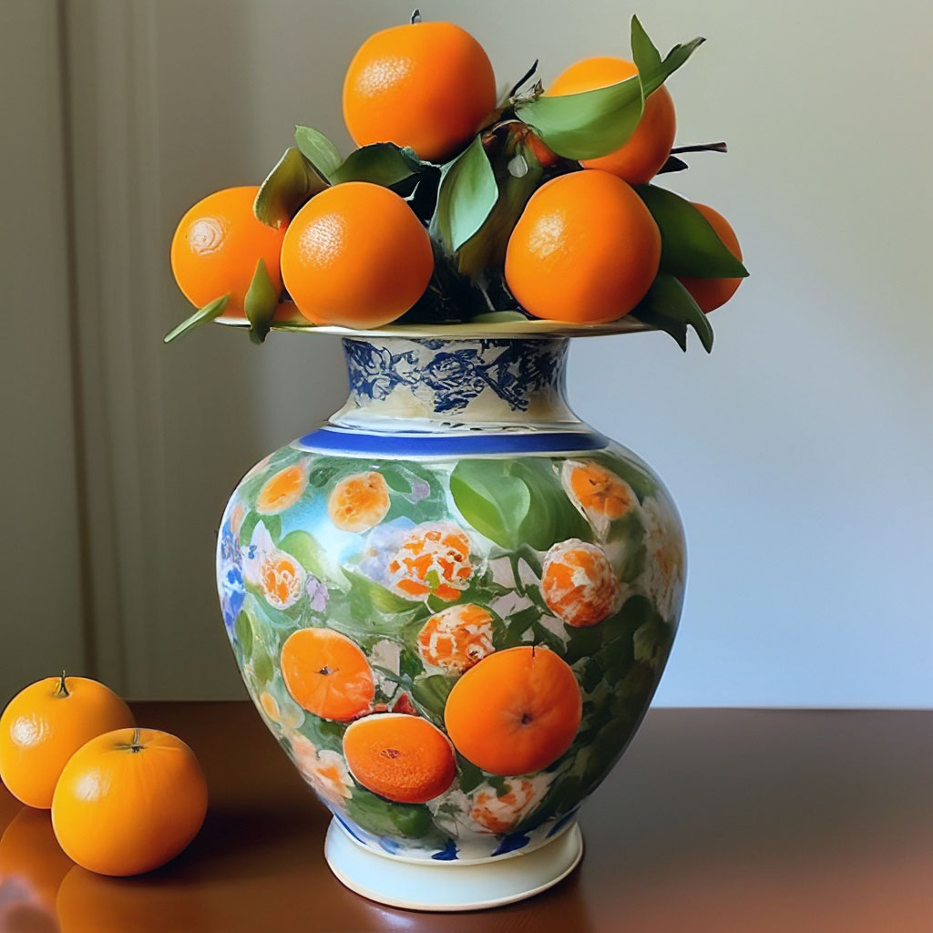 "Beautiful antique vase with tangerines and apples" — image created in ...