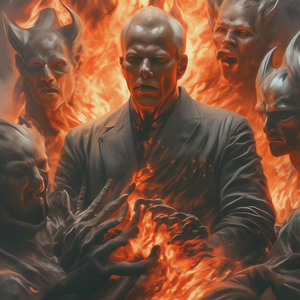"Figure 666 in the center+ connected around flame, lava, devils, horror ...