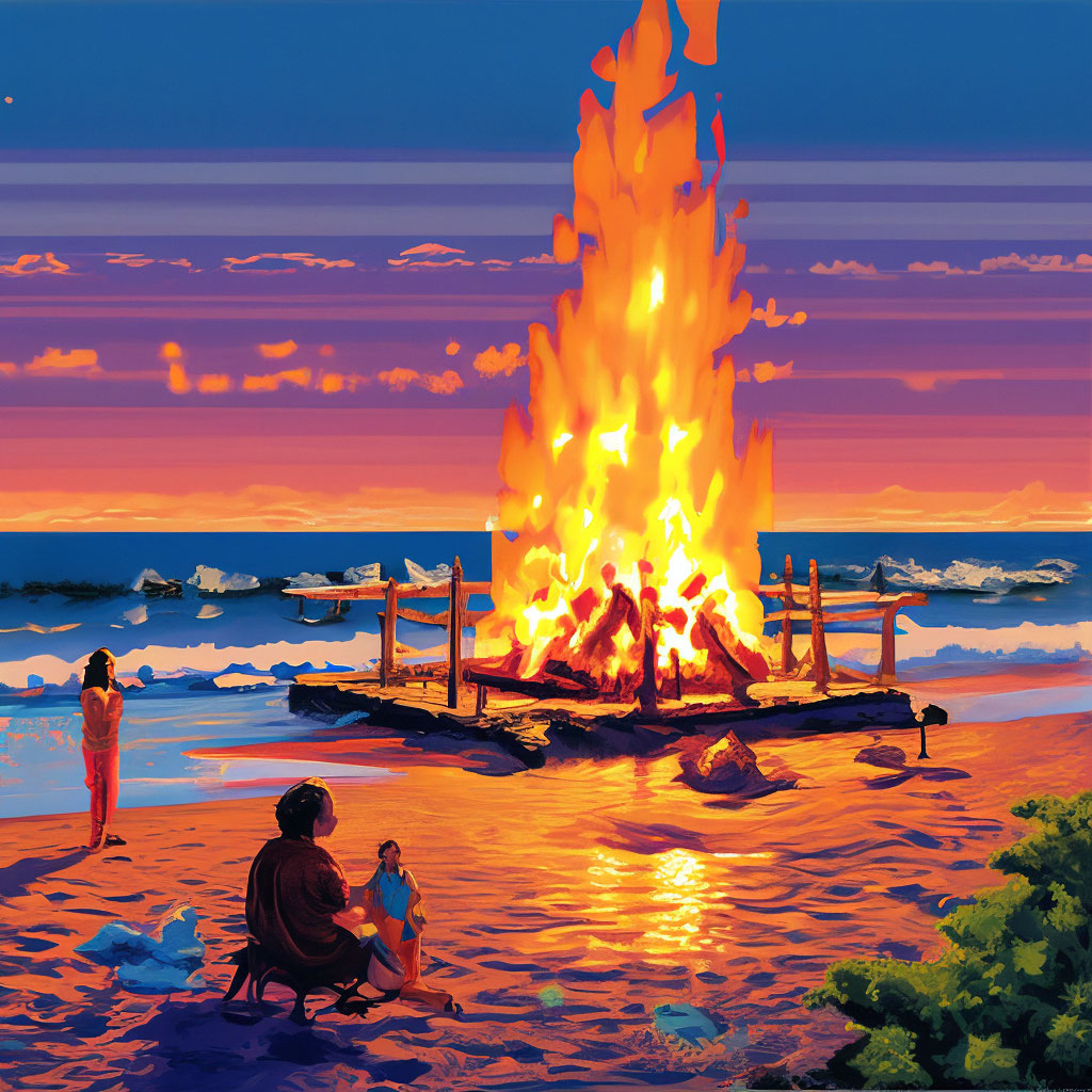 "Pixel bonfire on the seashore,8 bit image" — image created in Shedevrum