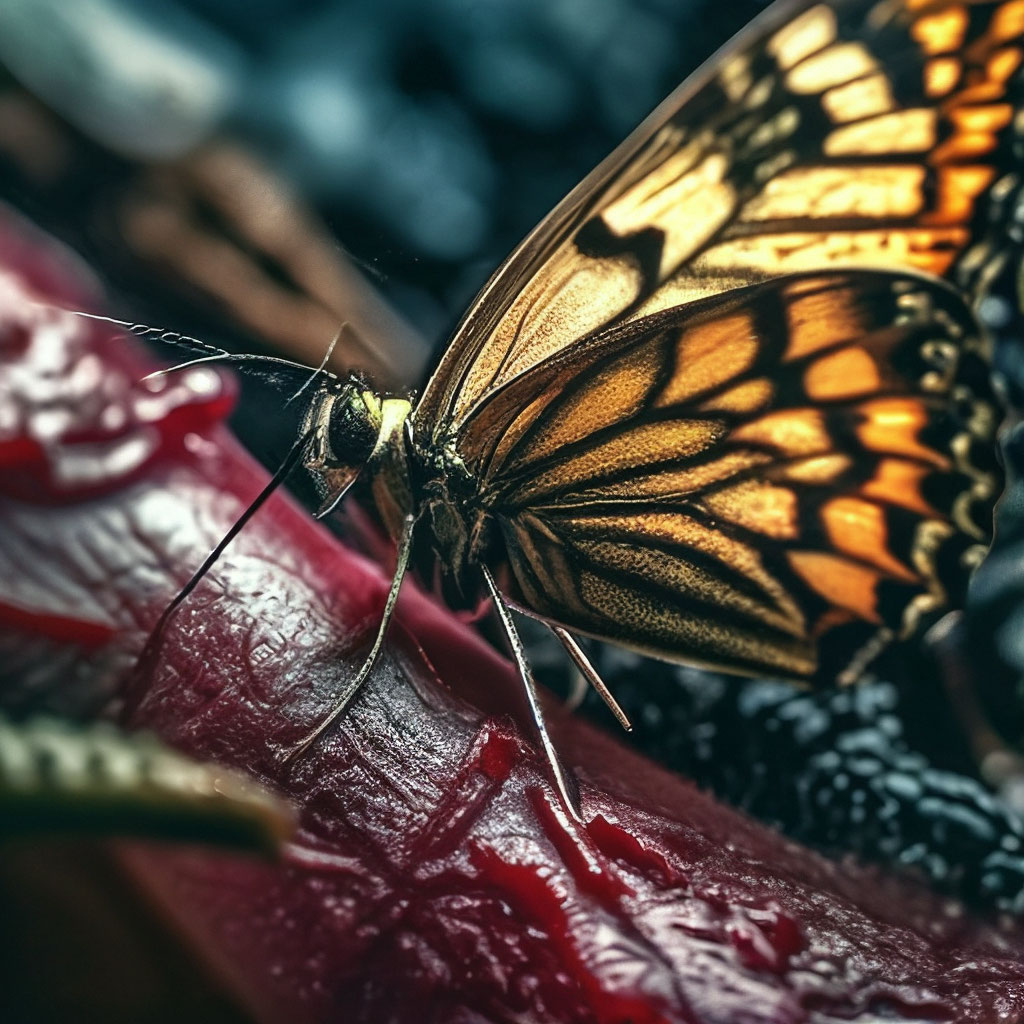 "Close-up angle,The man-eating butterfly,intense drawing, illustration ...