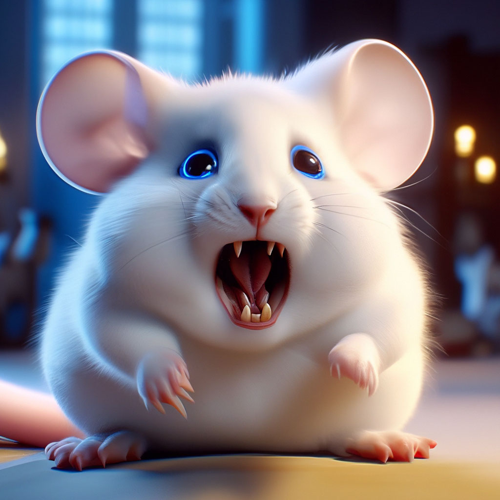 "Mouse, fat, white, cute, fluffy, huge blue eyes, angry, fangs wants to ...