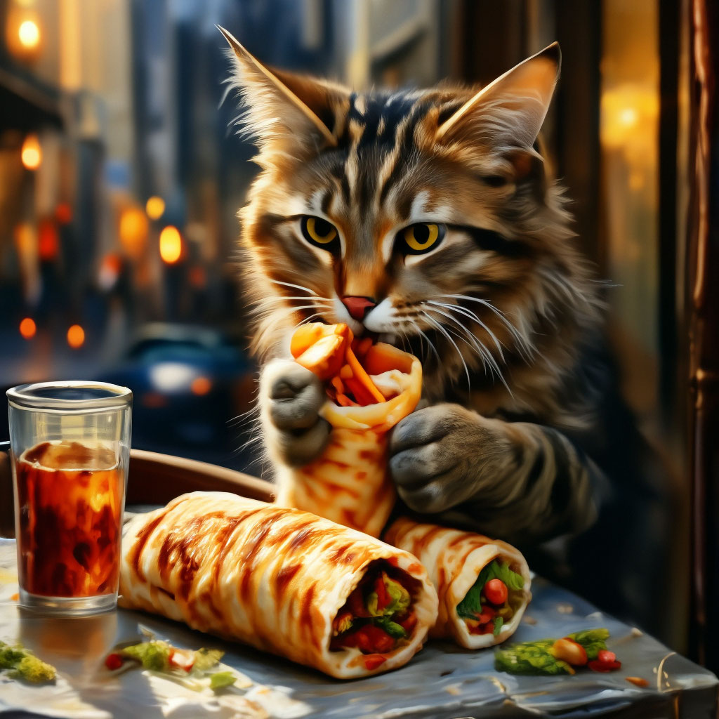 "Cat eats shawarma" — image created in Shedevrum