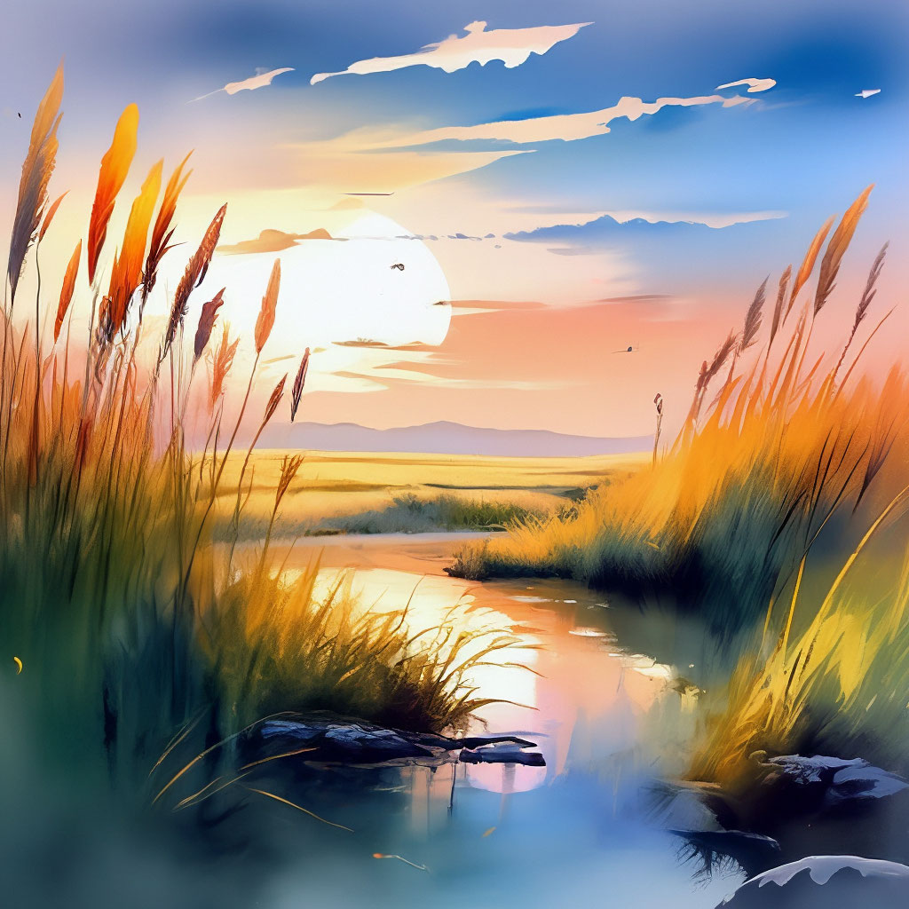 "Steppe grasses, landscape, haze, watercolor, transparent, airy ...