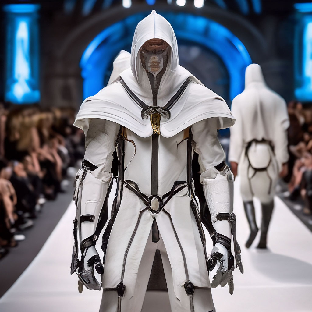 "Fashion show of the 28th century. a full-length model. a male specimen ...