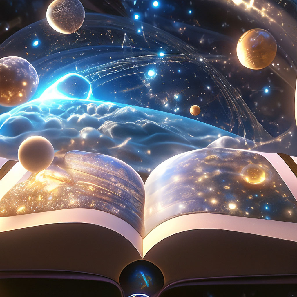 "An epic book with space, stars, galaxies, clouds, planets, sea glowing ...