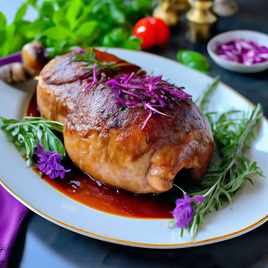 "Juicy roasted giant belyash Shatunovsky style on a large white plate ...