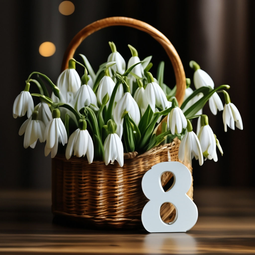 "A basket with snowdrops, the number eight and a gift bag" — image ...