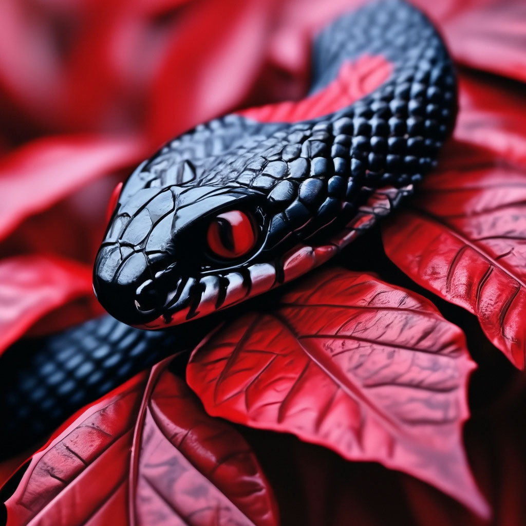 "Macro photography, red and black, minimalism, a red and black snake ...