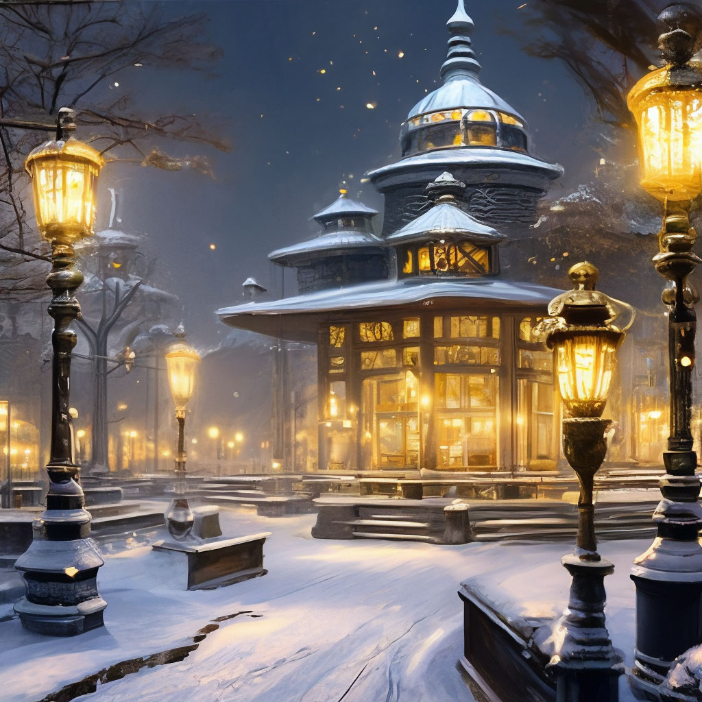 "New Year's city park, silvery snow, golden lantern light" — image ...