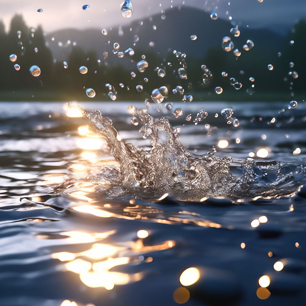 "Rain, lake, splashes, bubbles, shore view, soft light, glitter ...
