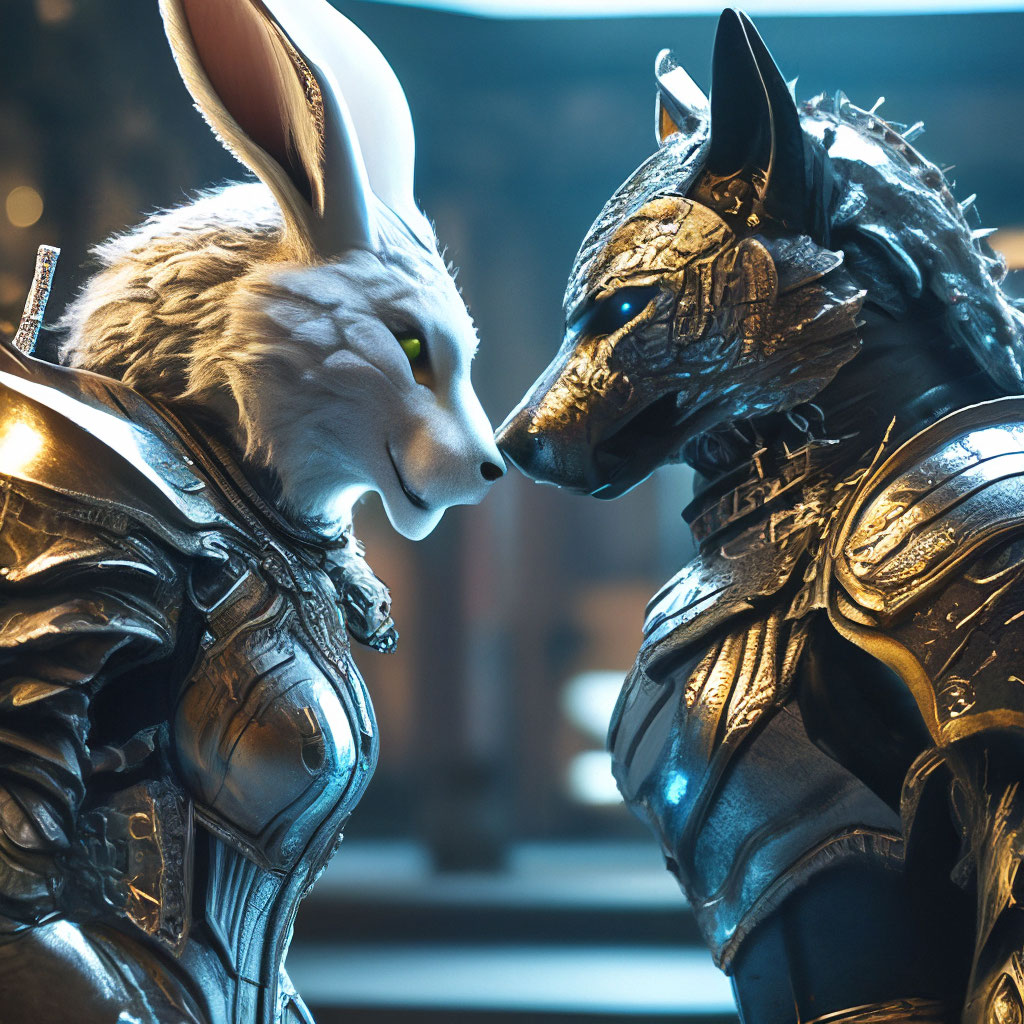 "Anthropomorphic hare and black wolf in armor, facing each other, lots ...