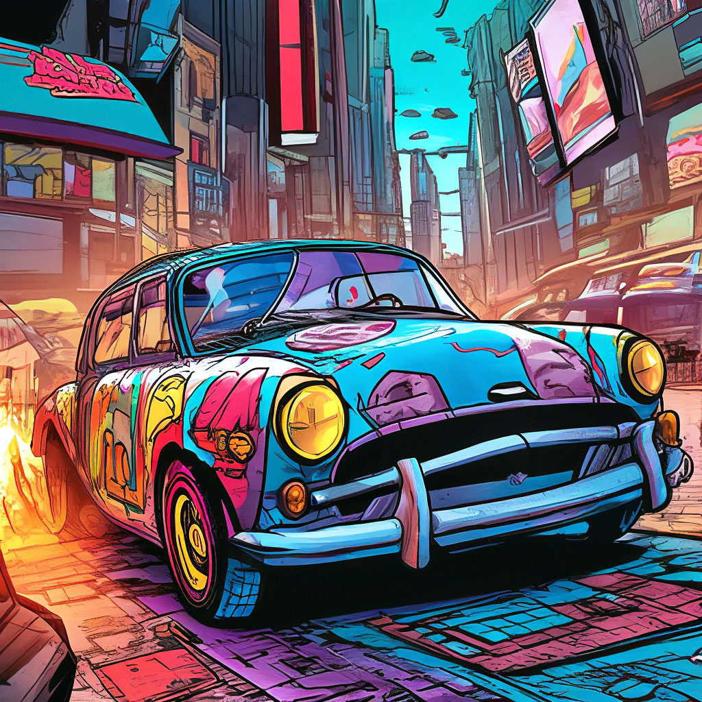 "A car in the form of a comic book" — image created in Shedevrum