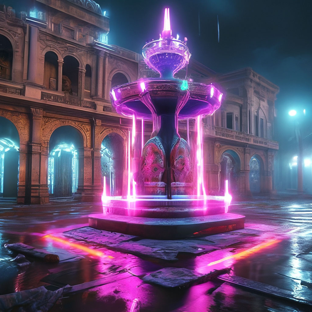 "Neon fountain,ancient square, beautiful, hyperrealistic, high ...