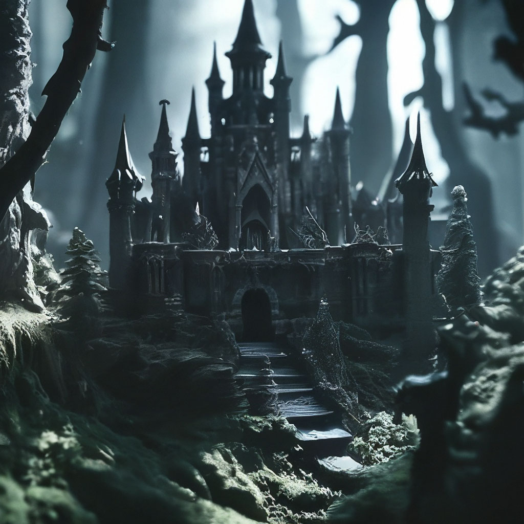 "Castle of the creatures of darkness in an ancient forest close-up ...