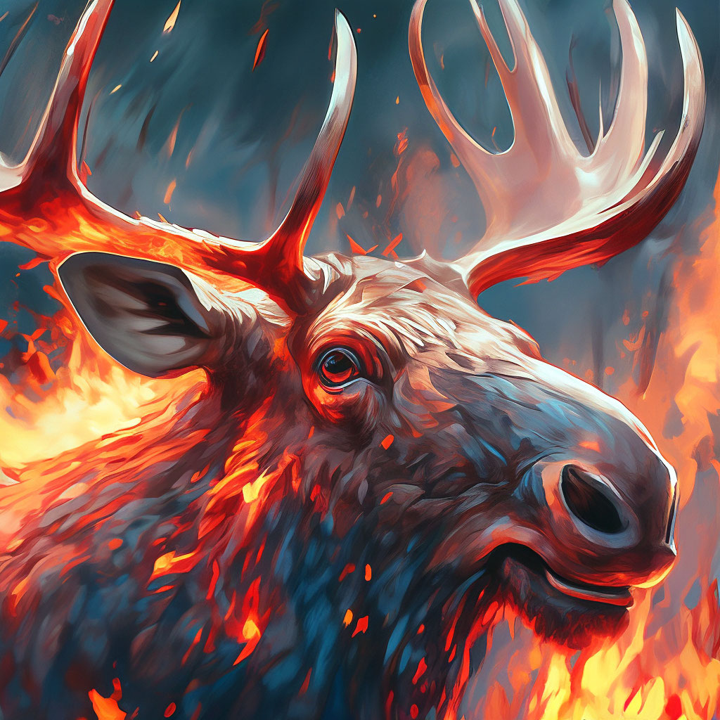 "Moose head close up details expressed fire red eyes" — image created ...