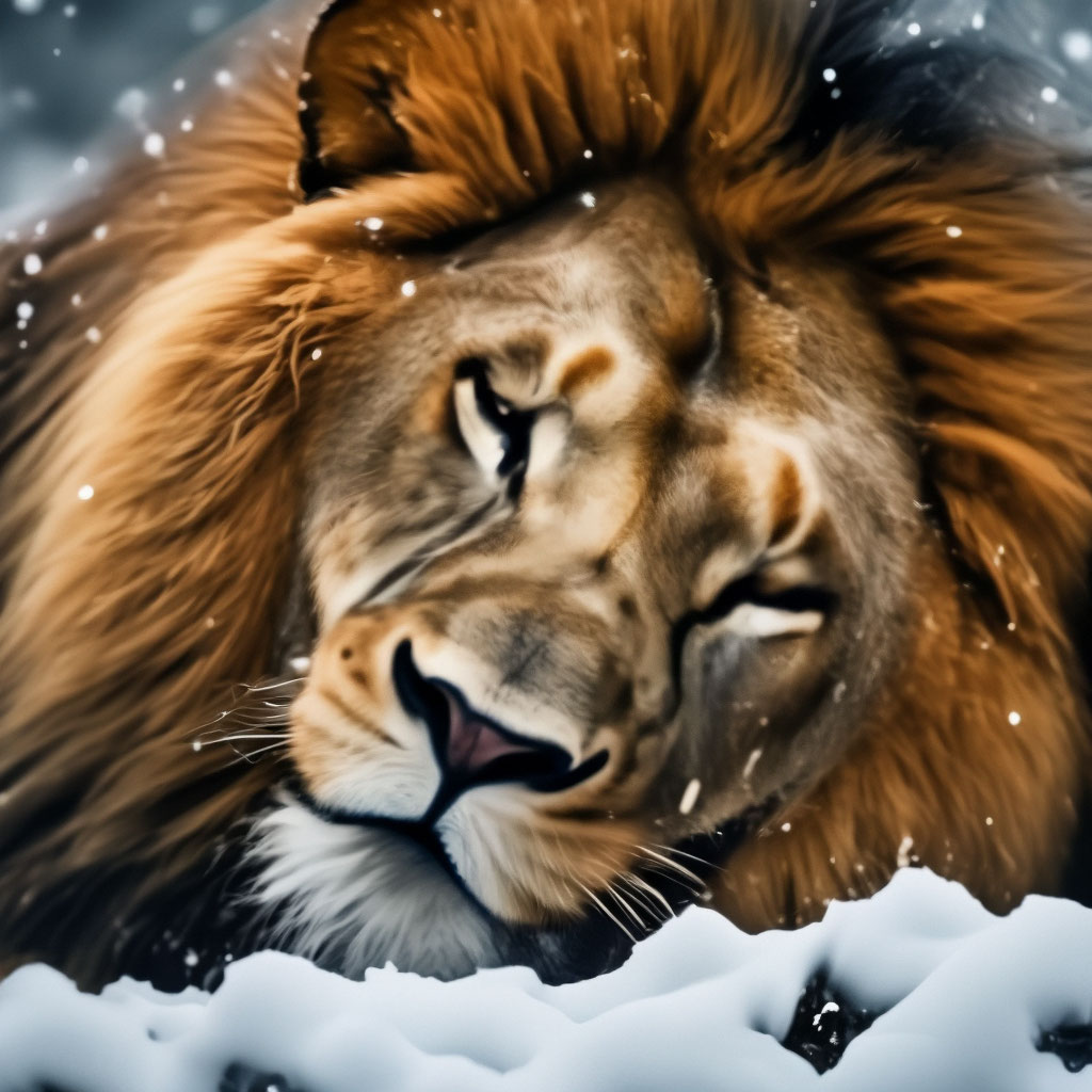 "A powerful lion sleeps peacefully under the falling snow saturation ...